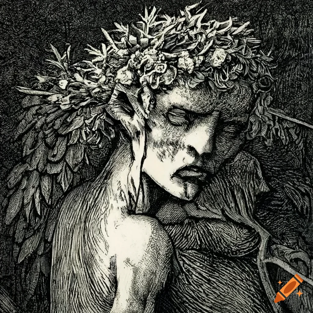 Close-up of an intricate engraving of a male dryad on Craiyon