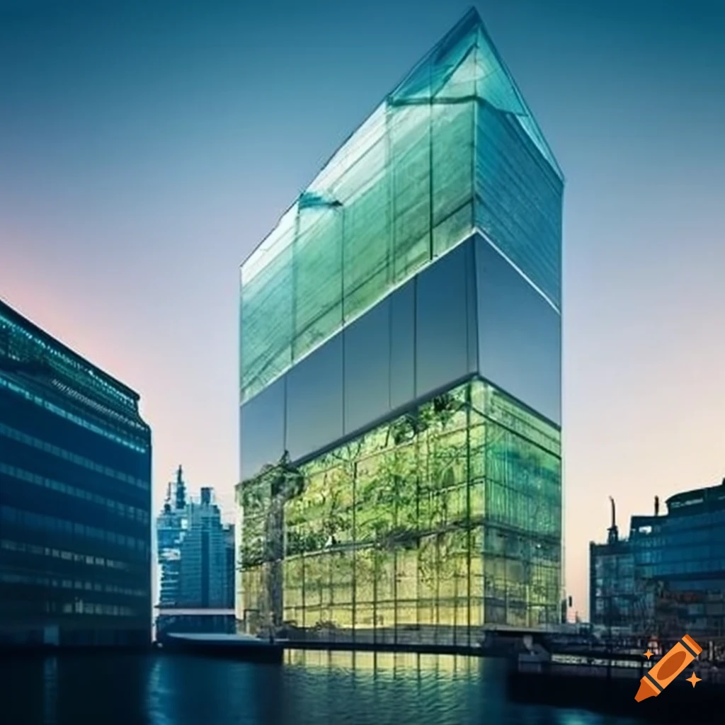 Modern building with intersecting cubic glass structures on Craiyon
