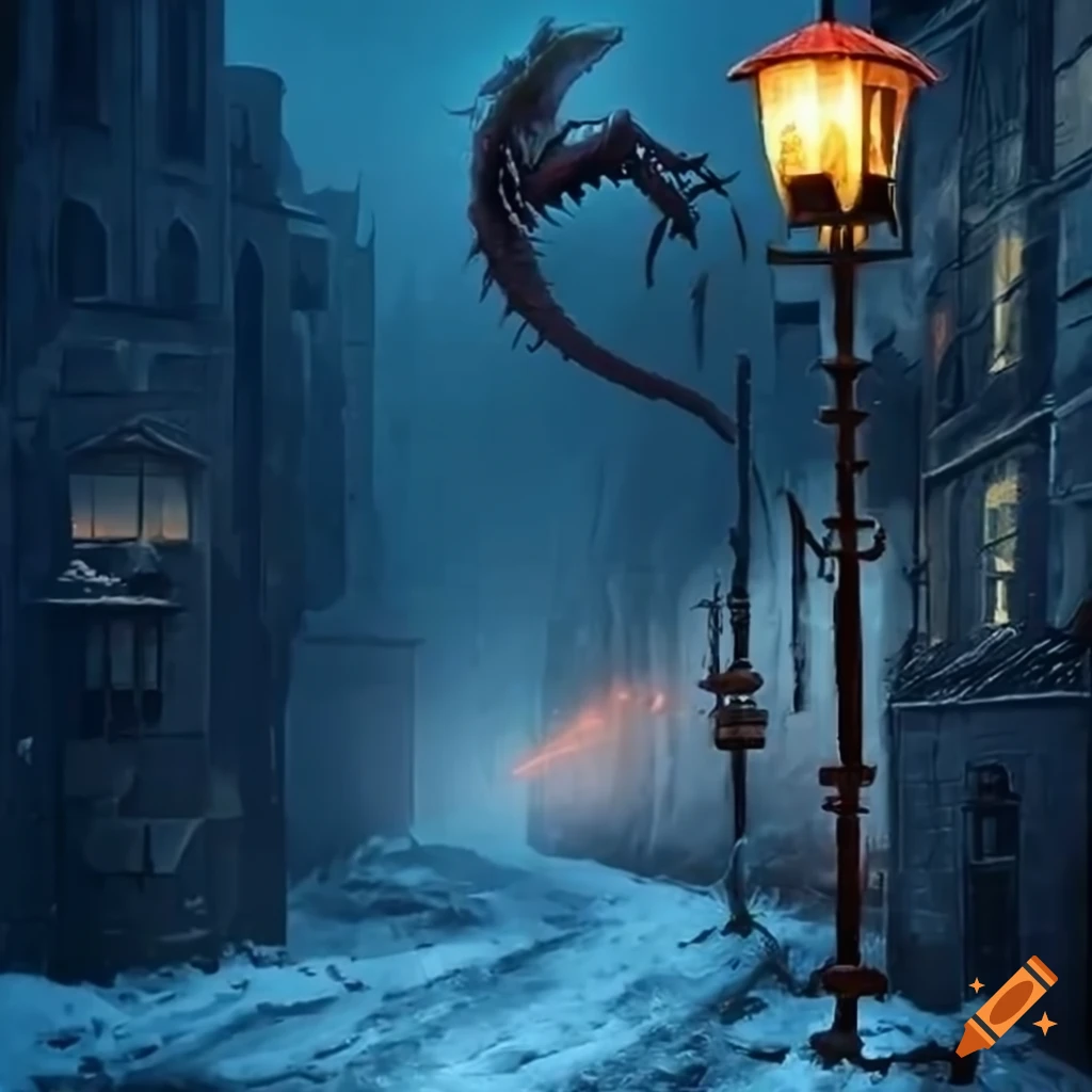 Snowy alley with steampunk lanterns on Craiyon