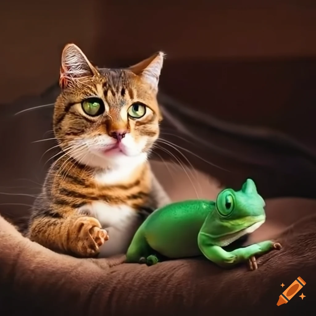 Cat and frog living together