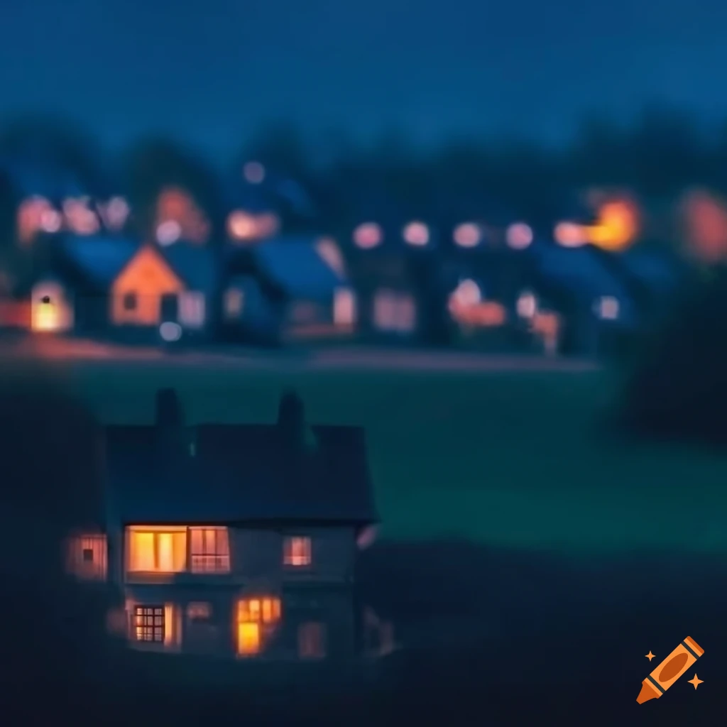 Nighttime view of english countryside with distant lit houses on Craiyon