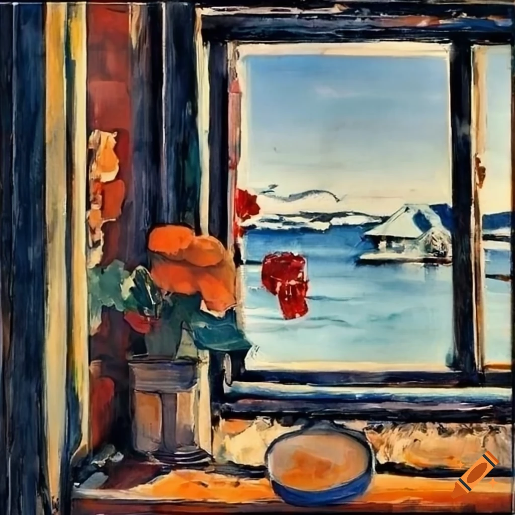 Painting of a window with flowers and snowy rooftops in the background on Craiyon