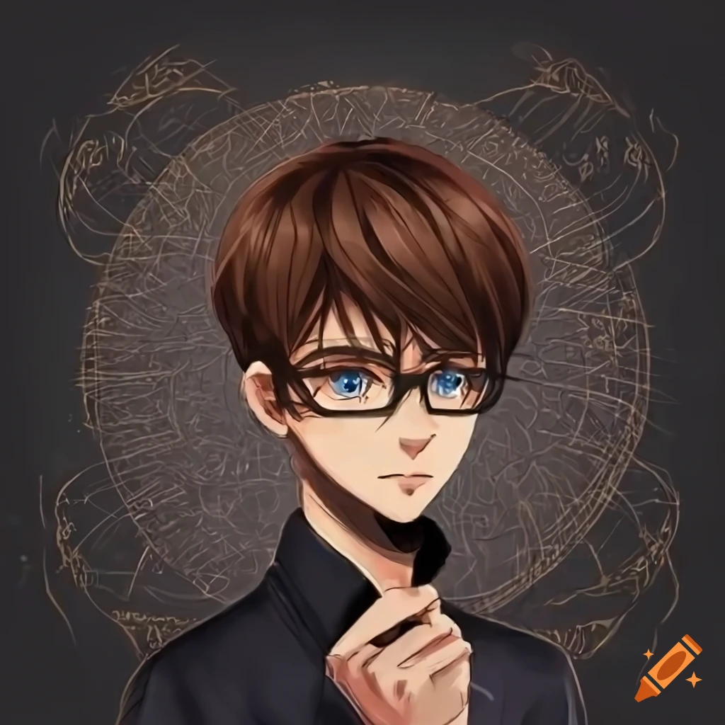 Anime drawing of a nerdy mathematician solving equations on a blackboard