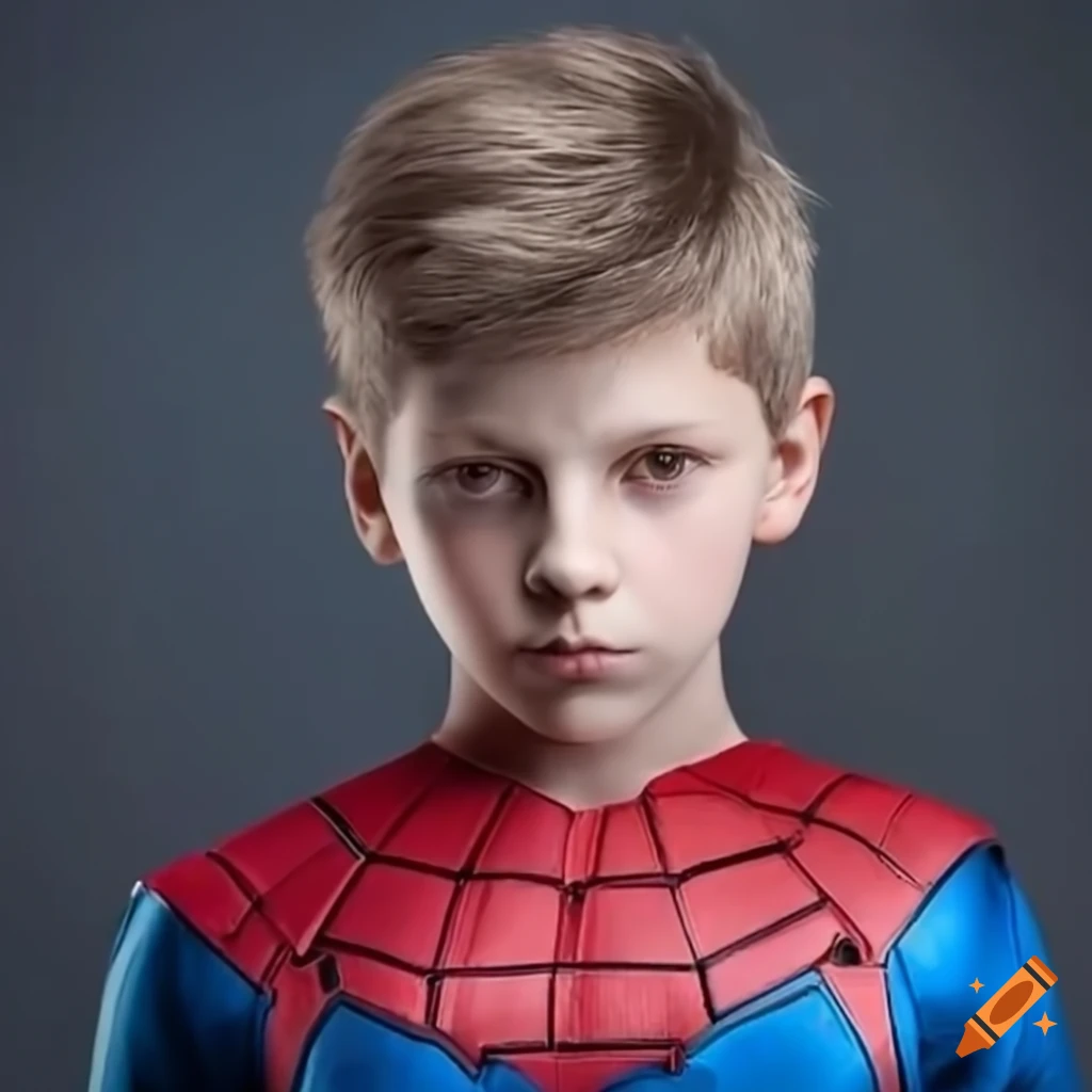 Realistic portrayal of a young boy dressed as a marvel hero