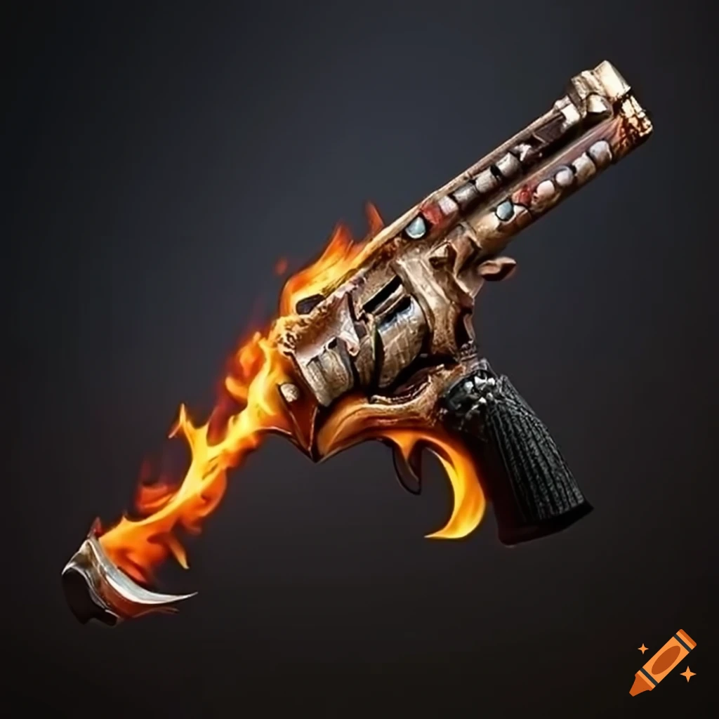 Artistic depiction of a flaming revolver on Craiyon