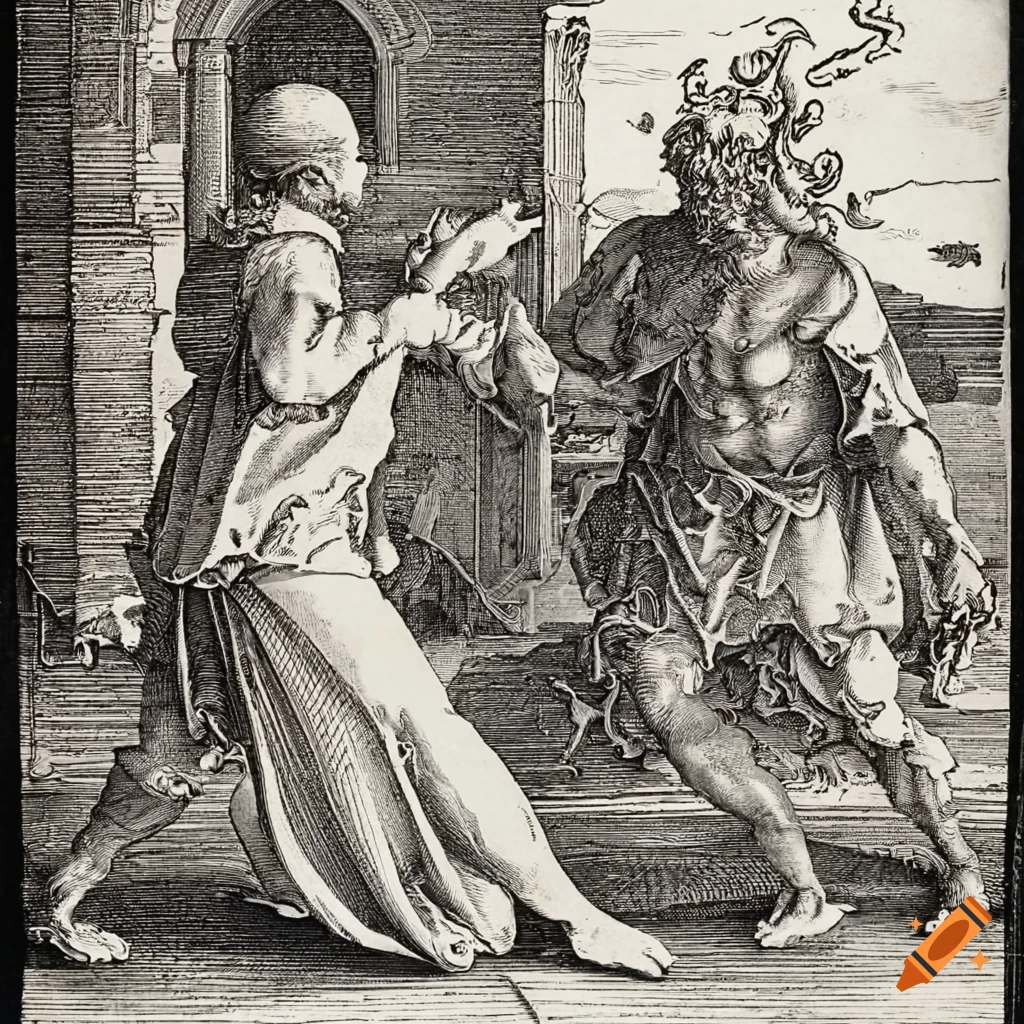 Black and white xylography of Saint Peter fighting a necromancer on Craiyon