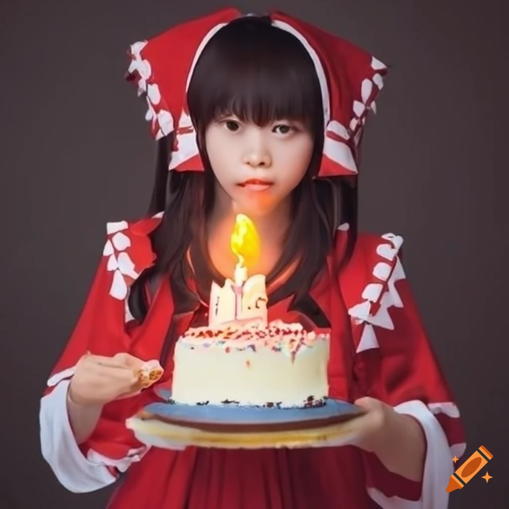 Reimu hakurei eating a birthday cake