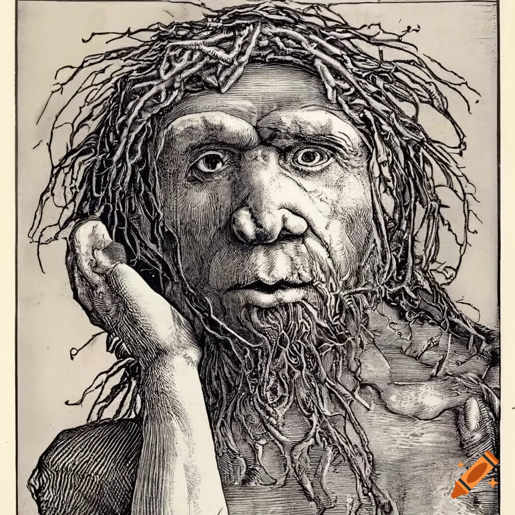 Surreal monochrome woodcut artwork of a neanderthal-like jesus in ...