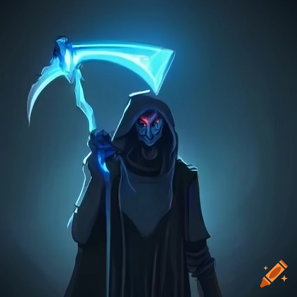 Enigmatic character with a glowing blue scythe on Craiyon