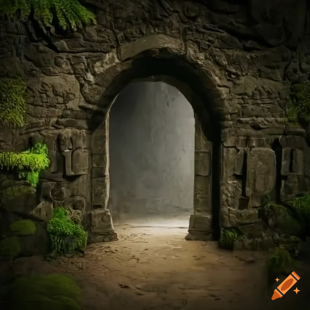 Ancient stone door with yoruba gods in a cave on Craiyon