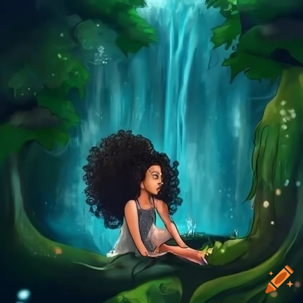 Curly-haired black girl exploring a magical forest on Craiyon