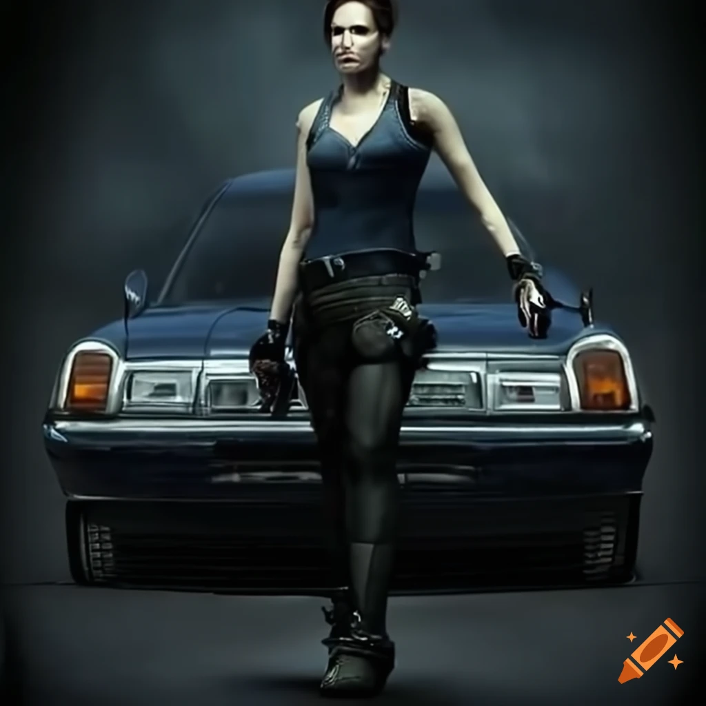 Jill valentine from resident evil standing near a car