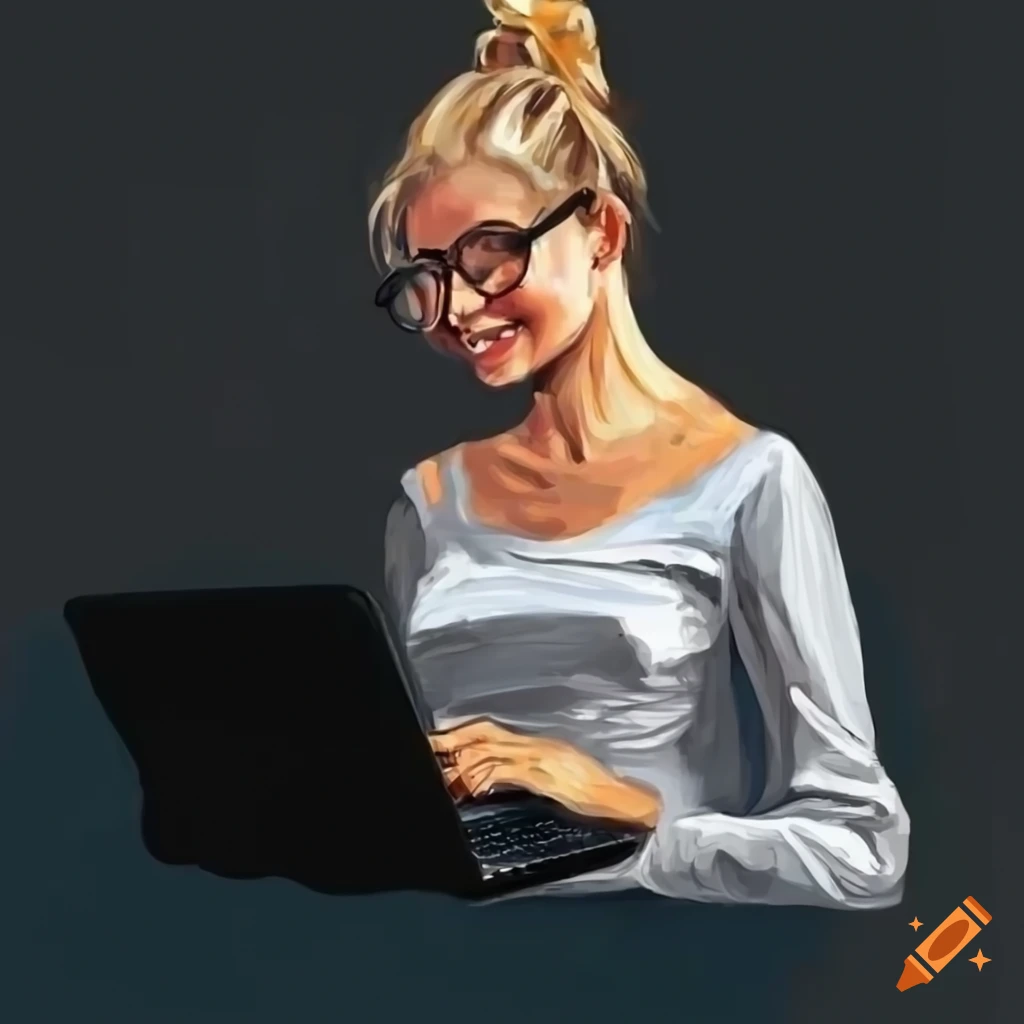 Black and white sketch of a woman typing on a laptop on Craiyon