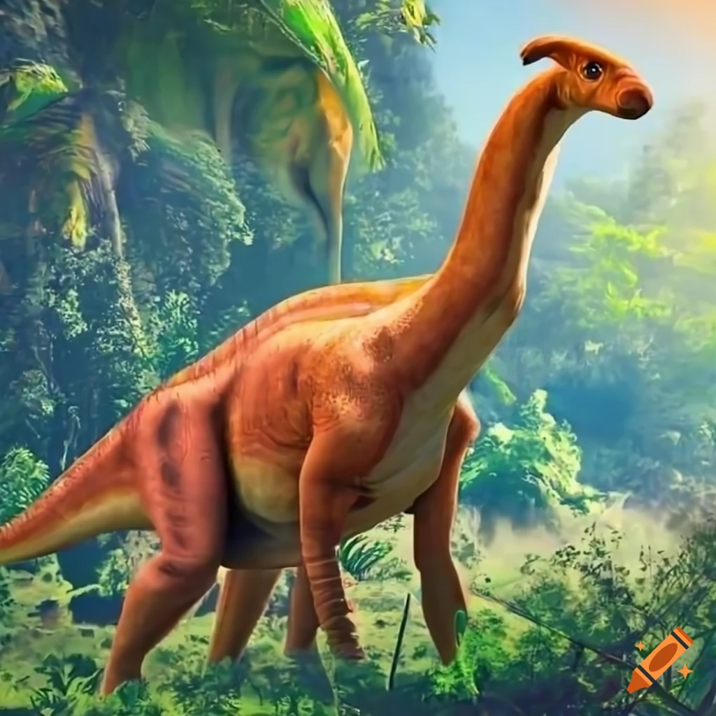 Giant orange parasaurolophus in tall vegetation on Craiyon