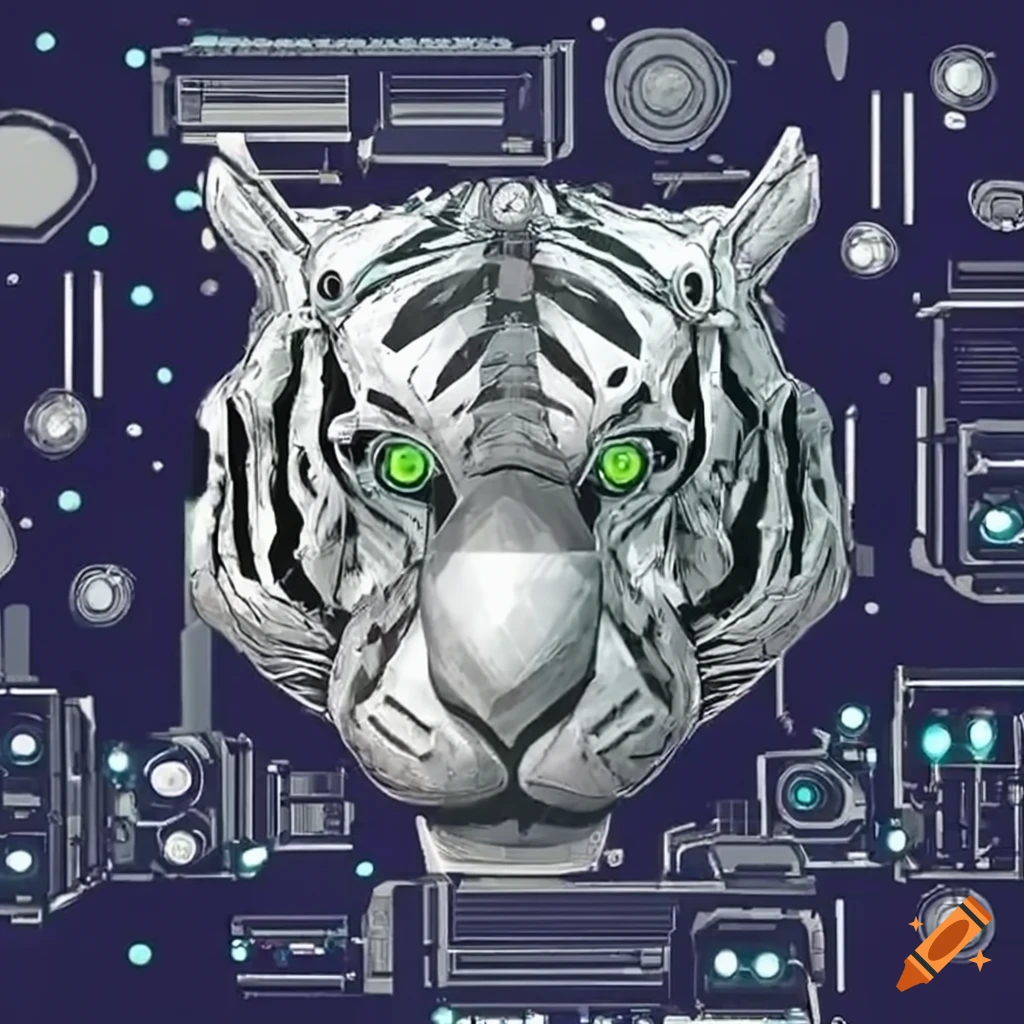 Digital art of a robotic tiger head in space