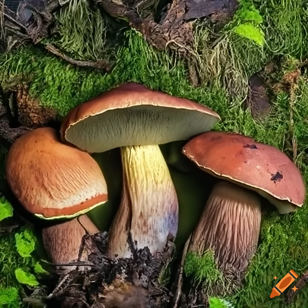 Close-up of many boletus mushrooms in the forest on Craiyon