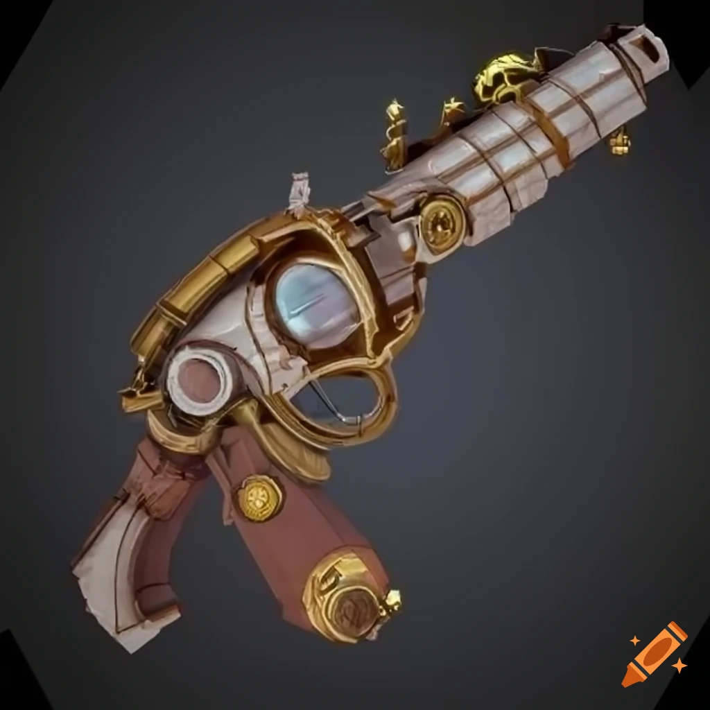 Schematic of a stylized scifi steampunk gun prototype on Craiyon
