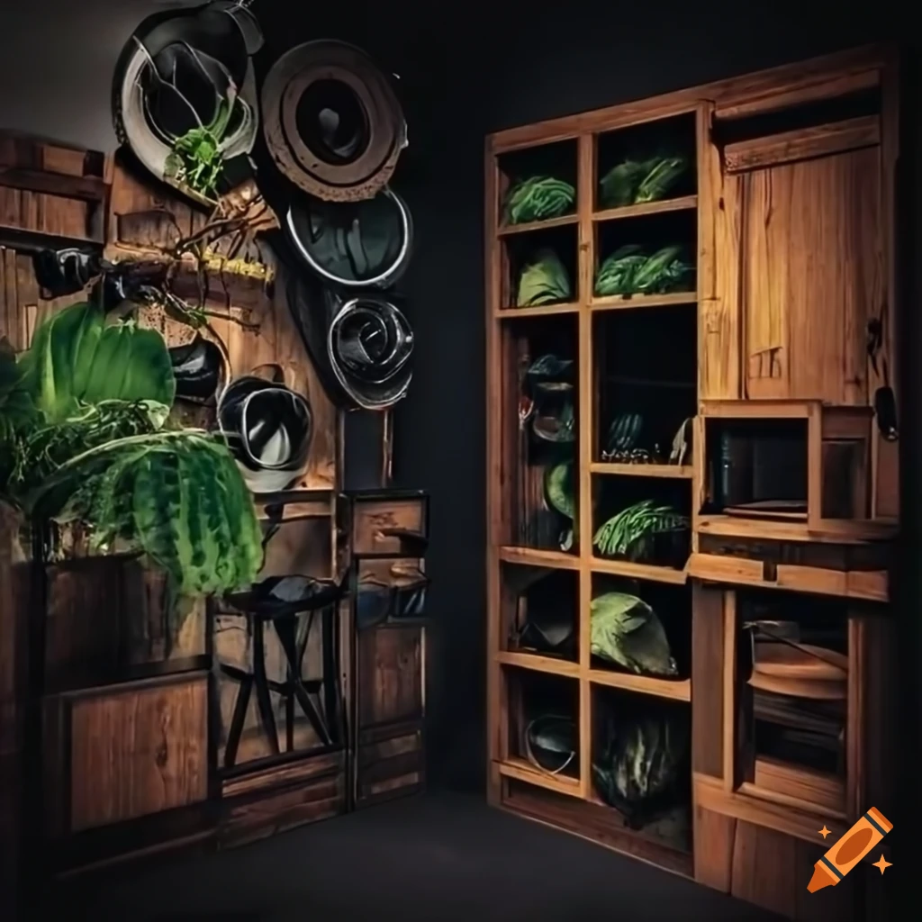 Stylish photography gear room with wooden cabinets and plants on Craiyon