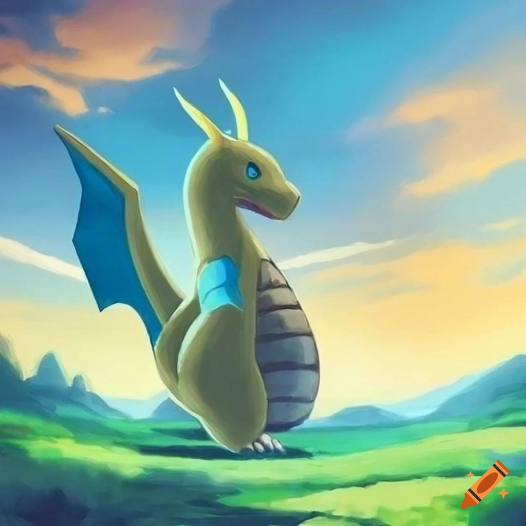 Wide-angle acrylic illustration of dragonite soaring over a landscape ...