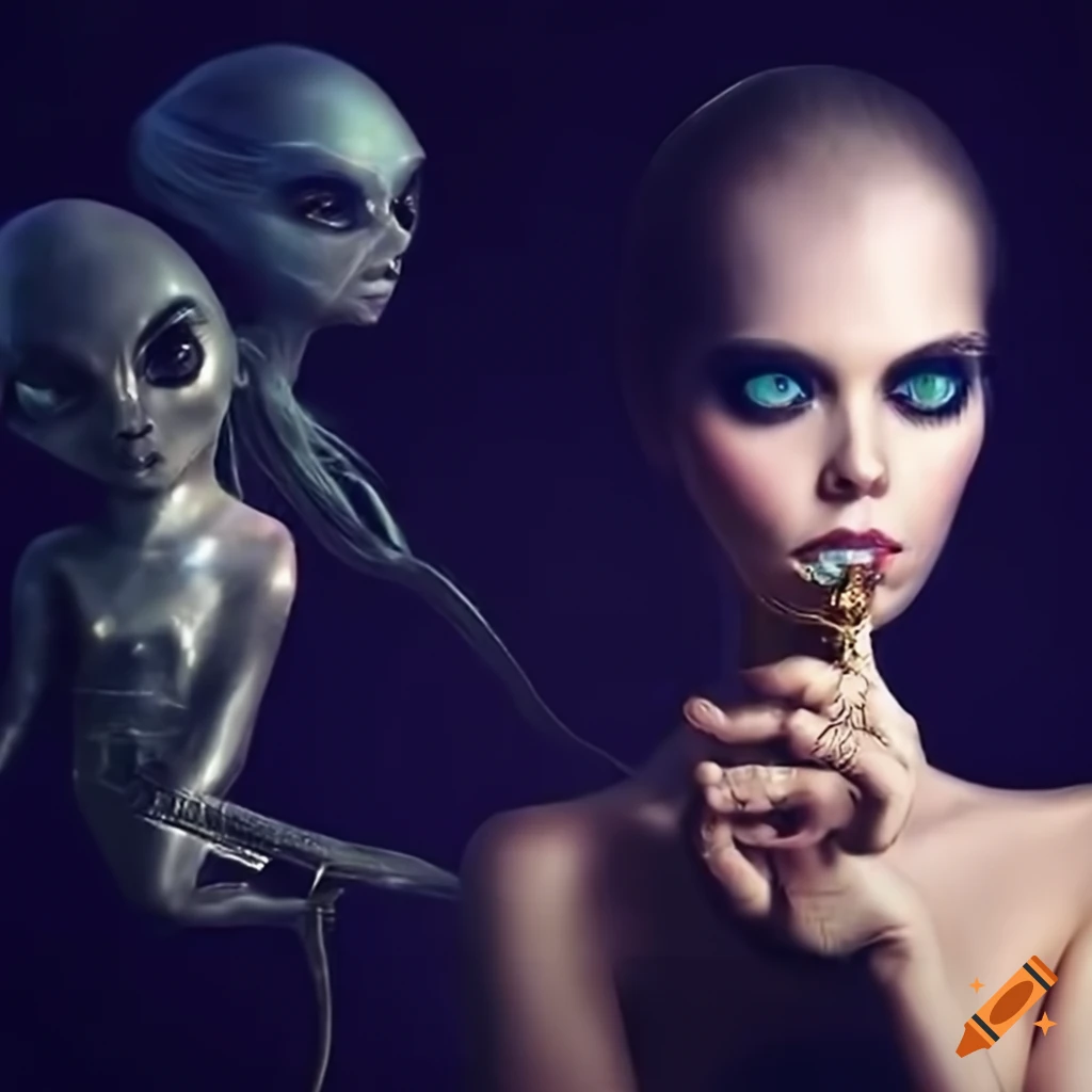 Captivating perfume ad featuring an alien and glamorous woman on Craiyon