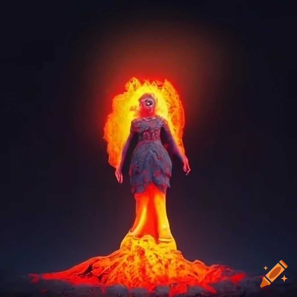 Image of a lava goddess standing in a volcano