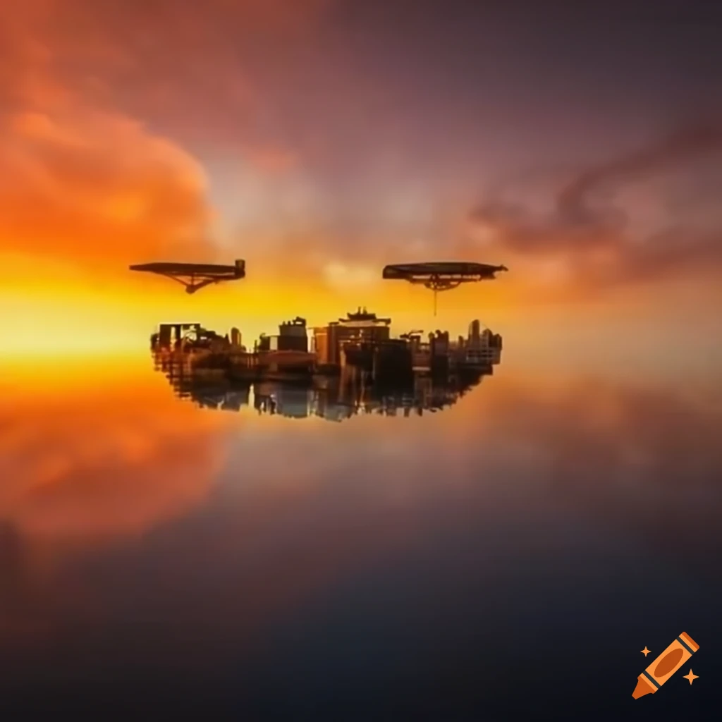 Floating mechanical city at sunset