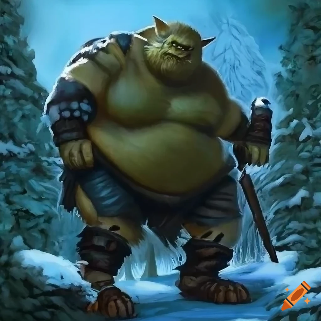 Illustration of a furry bugbear viking in snowy taiga on Craiyon