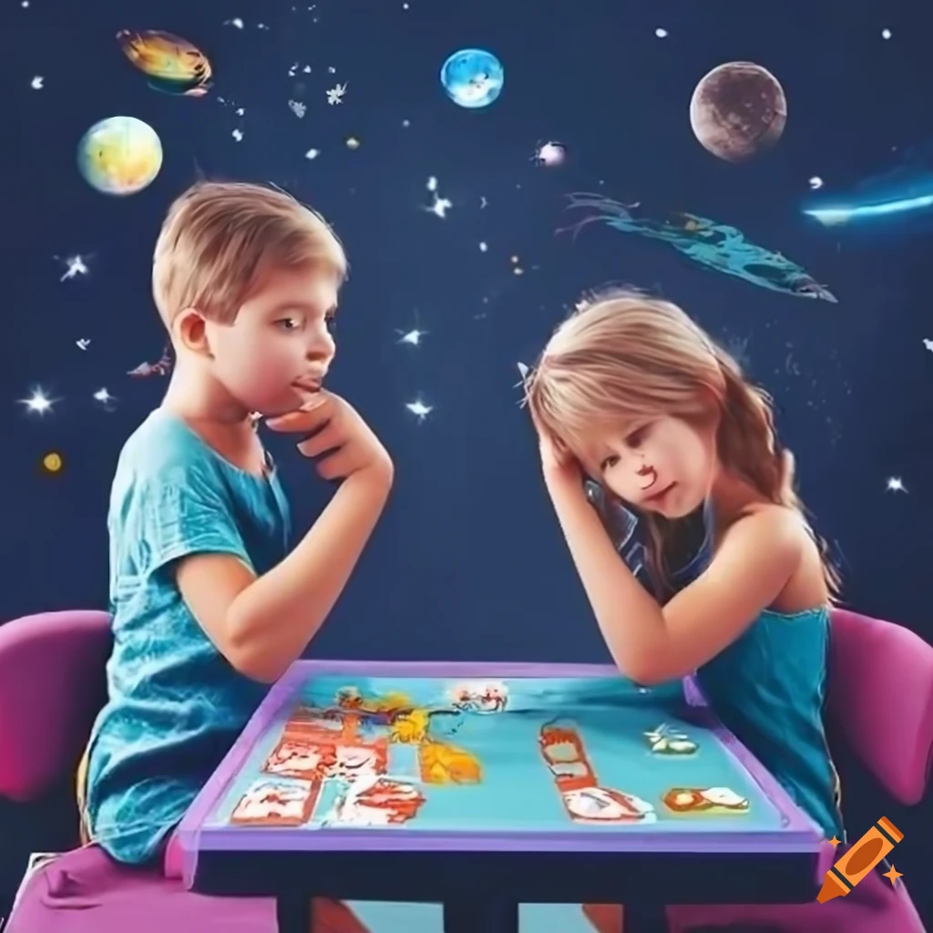 Children playing card game snap with space theme