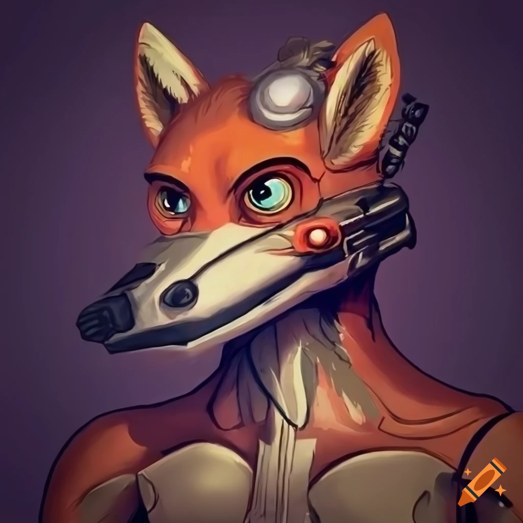 Detailed drawing of female furry anthro maned wolf cyborg with red and ...