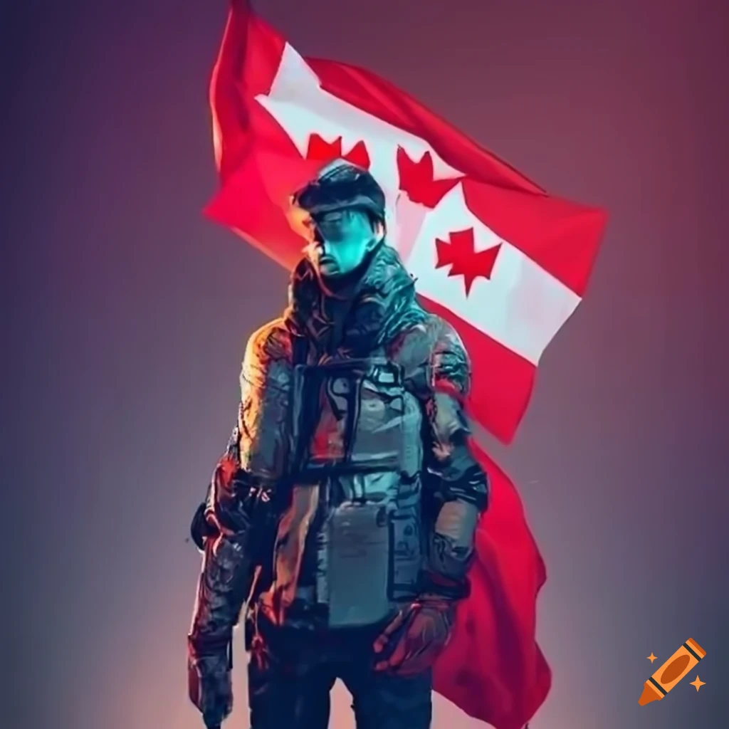 Man wrapped in canadian flag in a dystopian setting on Craiyon