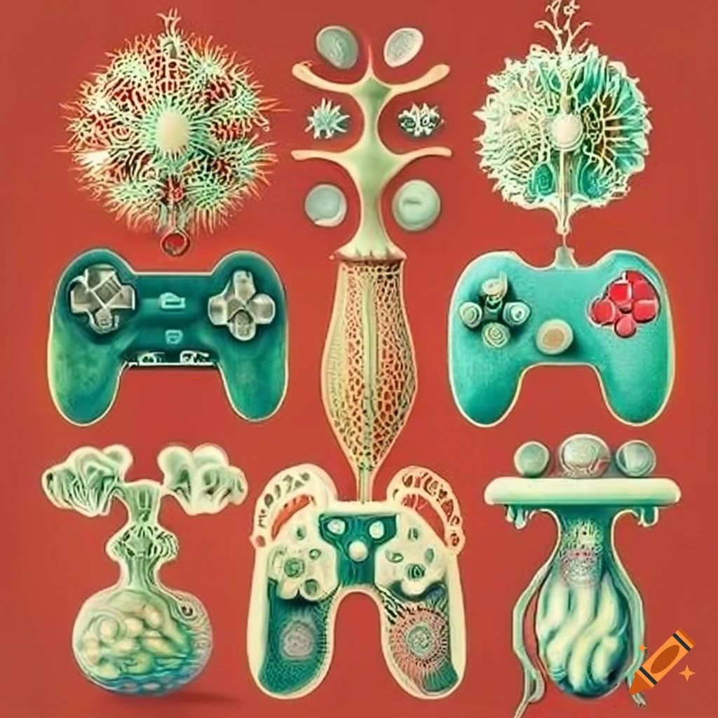 Illustration of various video game controllers on Craiyon