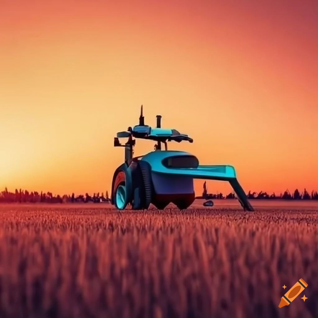 Autonomous electric tractor on a field at sunset