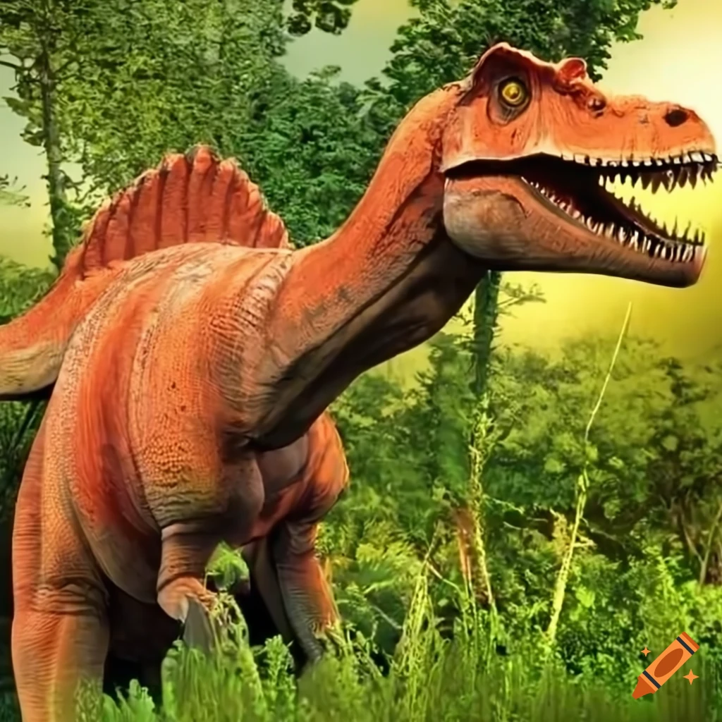 Sunny vegetation with a large orange spinosaurus lying down on Craiyon