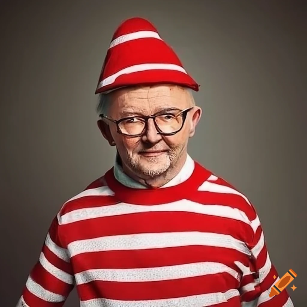 Anthony Albanese dressed as Where's Wally on Craiyon
