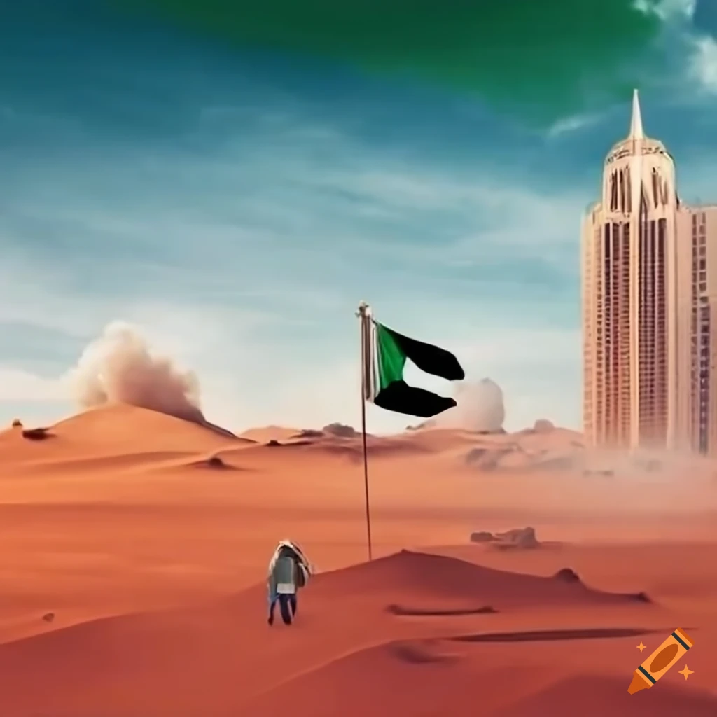 Uae national flag with buildings and a rocket flying above clouds on ...
