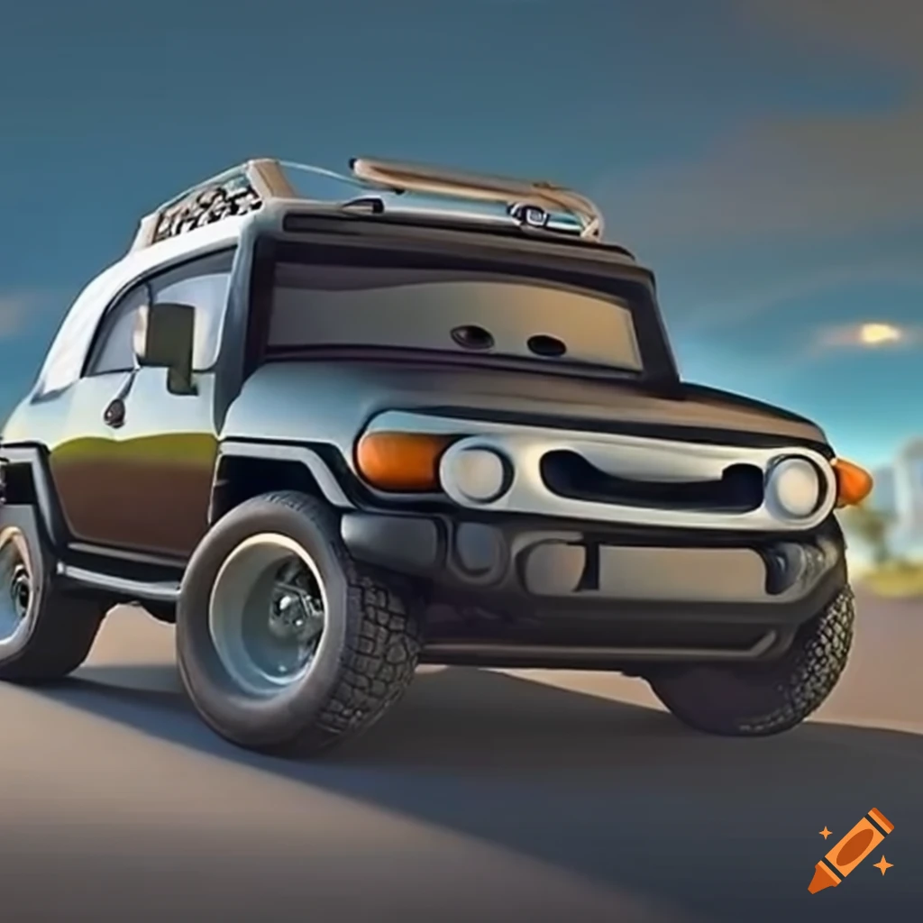 Black fj cruiser car with eyes like a character from Cars movie on Craiyon