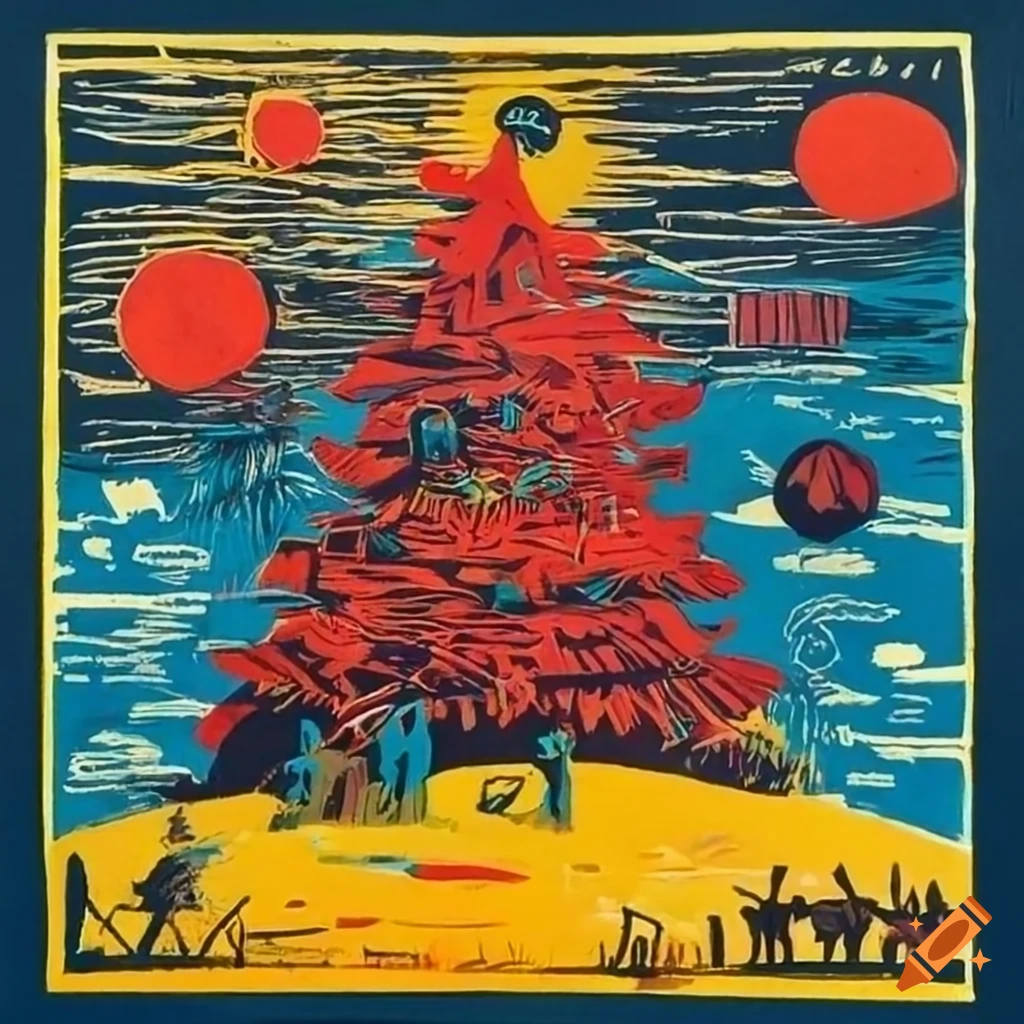 Linocut artwork of intricately designed christmas toys on Craiyon