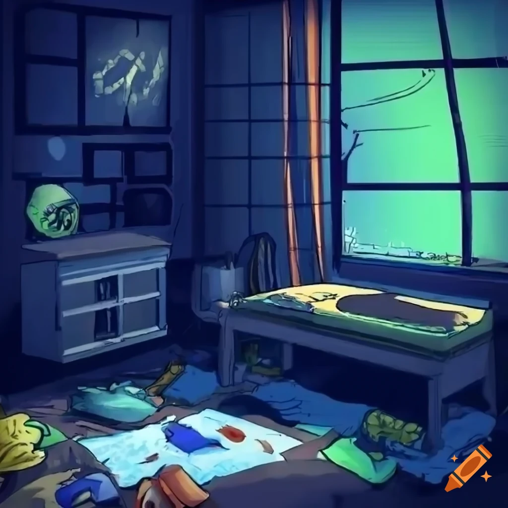 Anime-style messy bedroom with broken window on Craiyon