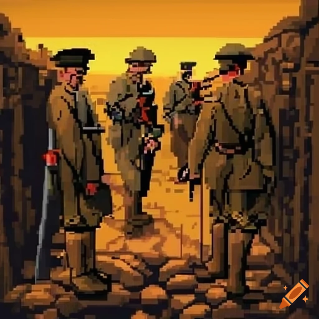 Pixel art of soldiers in a trench during WW1 on Craiyon