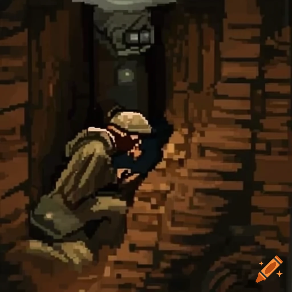 Pixel art of a soldier using a periscope in a trench