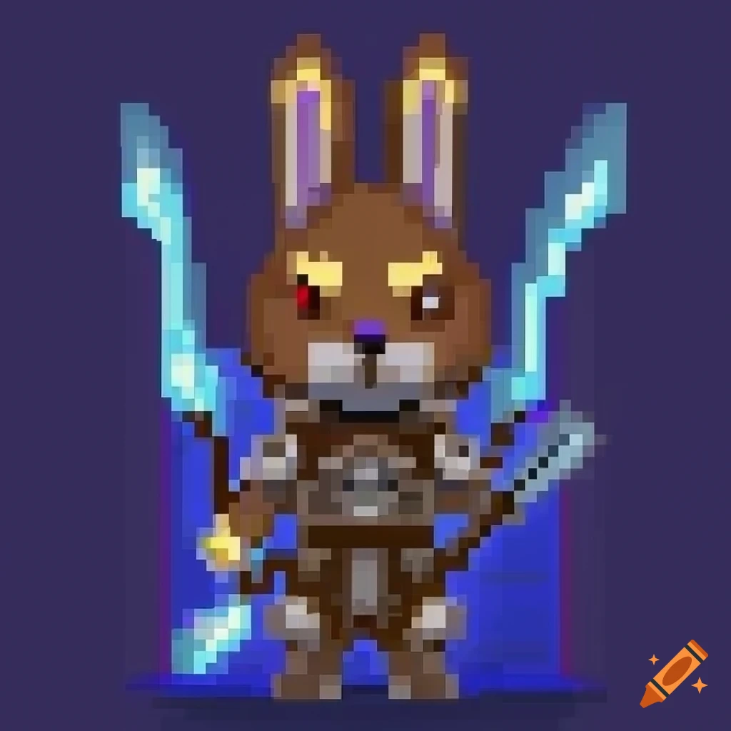 Pixel art of a rabbit warrior with glowing eyes on Craiyon