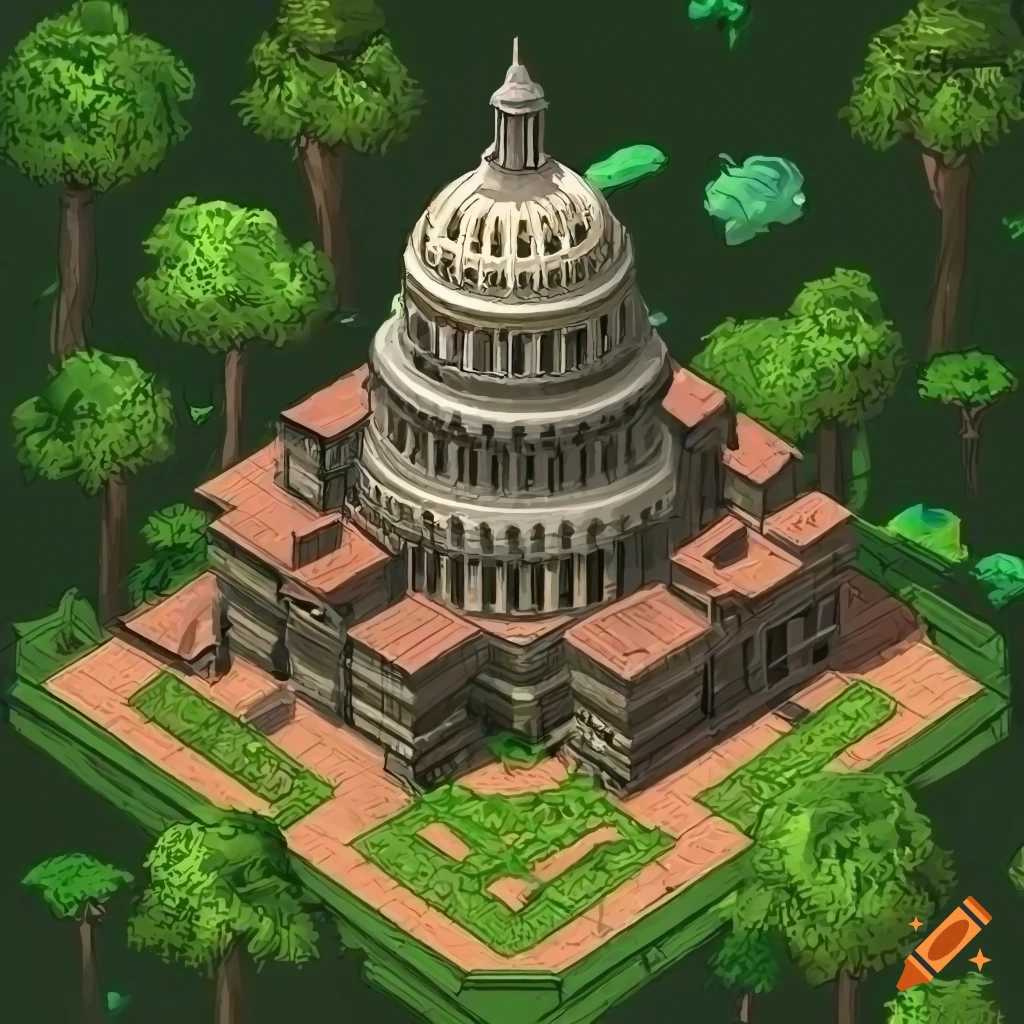 Isometric view of a fantasy rpg game capitol building in a jungle ...