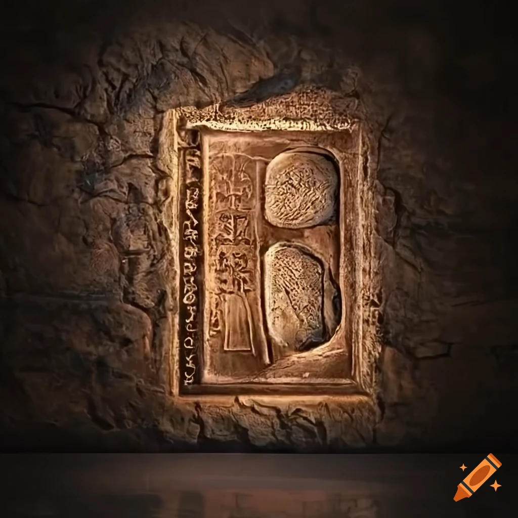 Engraved ancient cryptic alphabet on wet shale rock on Craiyon