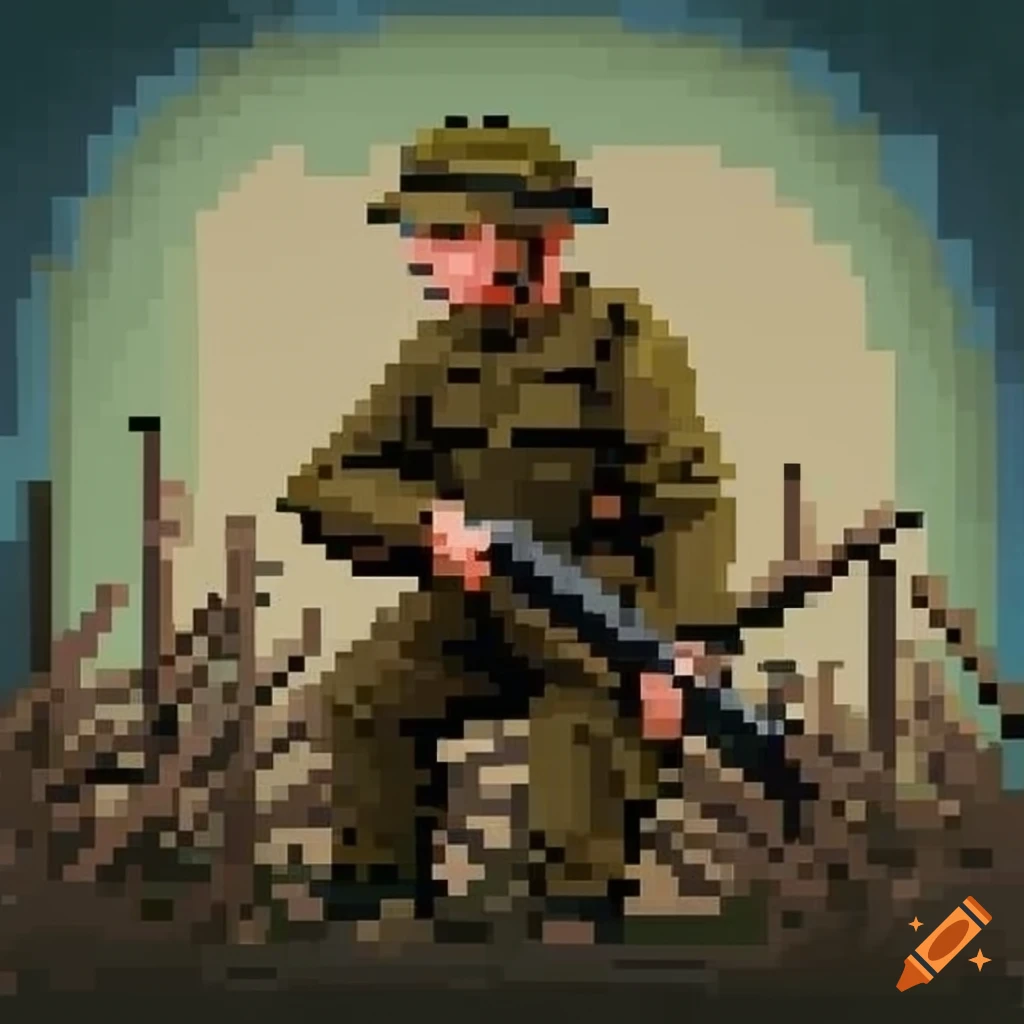 Pixel art of a soldier in the WW1 trenches on Craiyon
