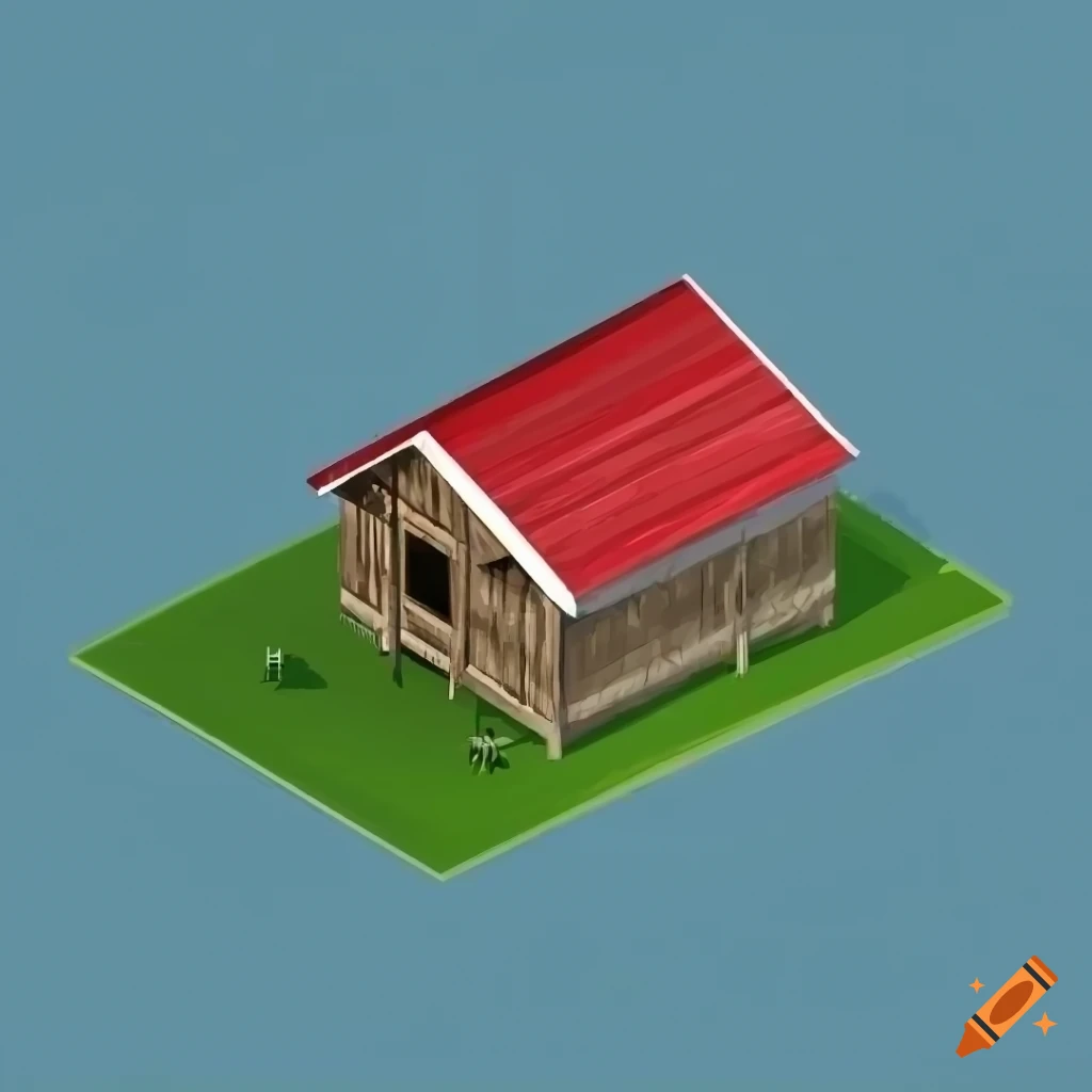 Isometric view of a red wooden hut with a farm field on Craiyon