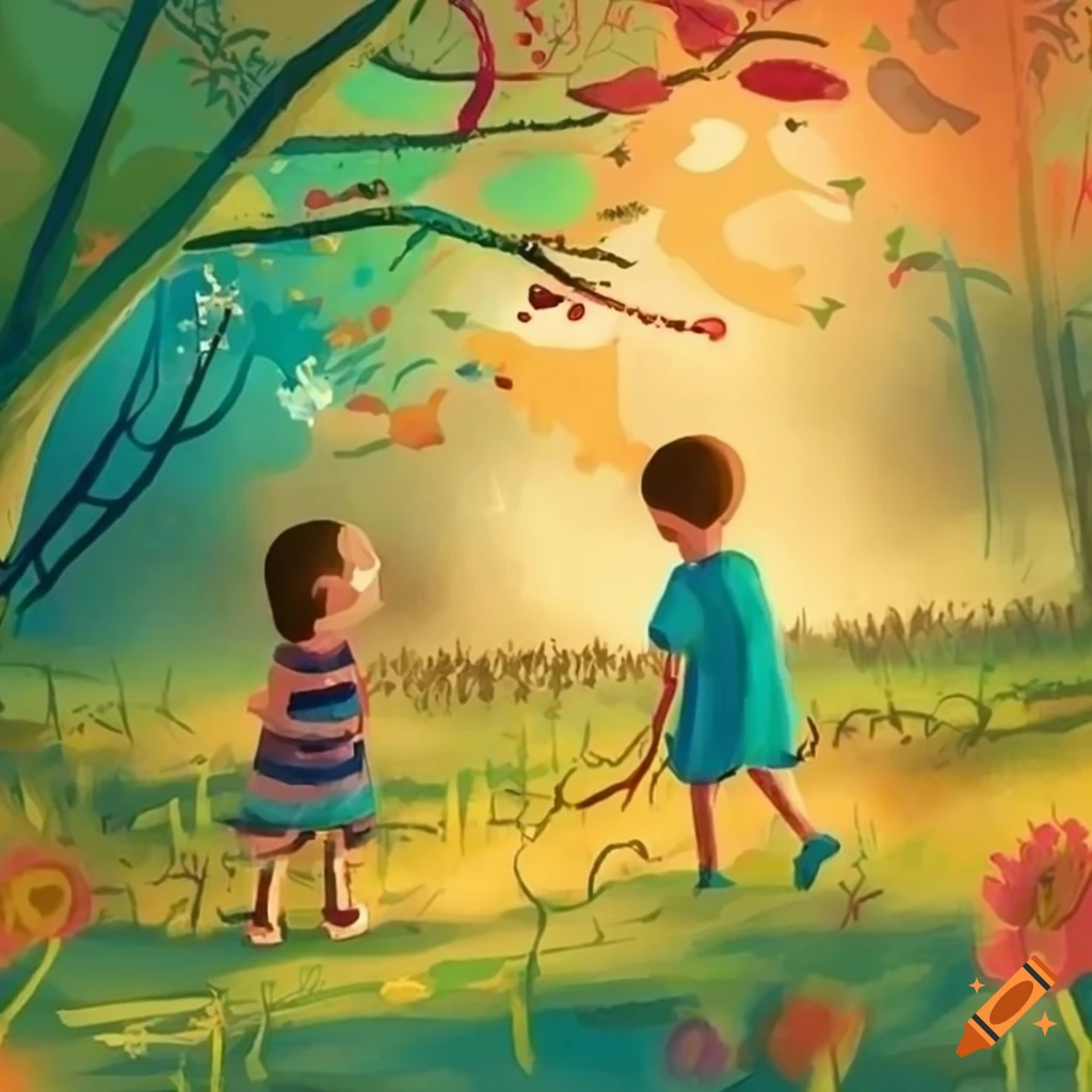 Illustration of children creating original ideas in nature