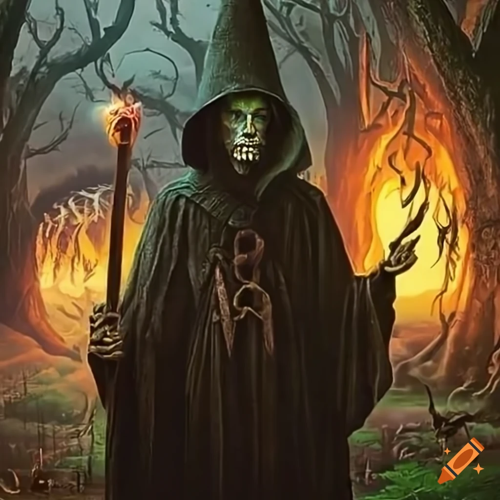 Dark fantasy wizards casting spells in a forest