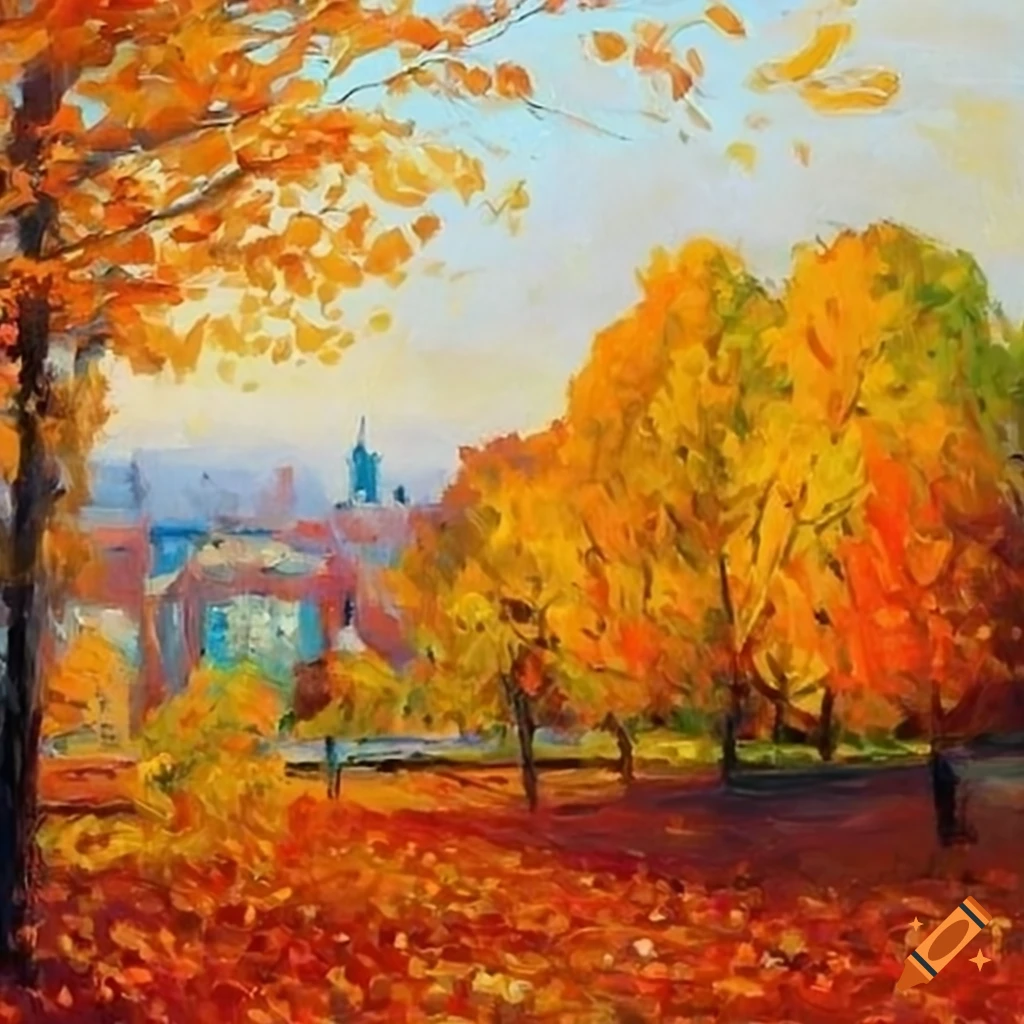 Vintage impressionistic painting of autumn trees and cityscape on Craiyon