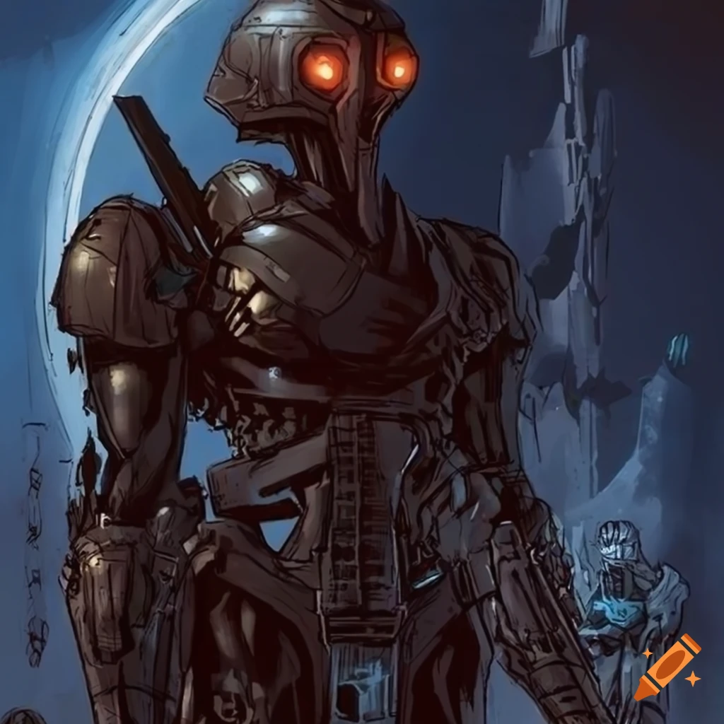 Comic style illustration of a futuristic armored strut