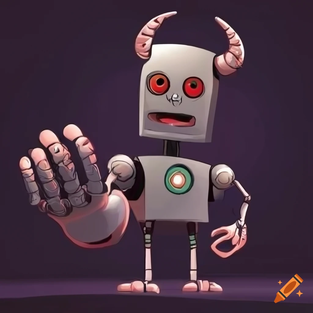 Cartoon of a sinister robot with horns and a large hand